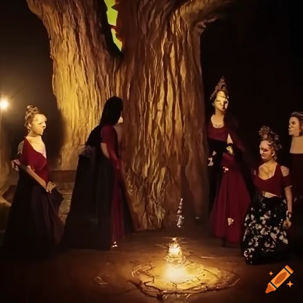 Two punk women in front of a large tree at night, opening scene, still ...