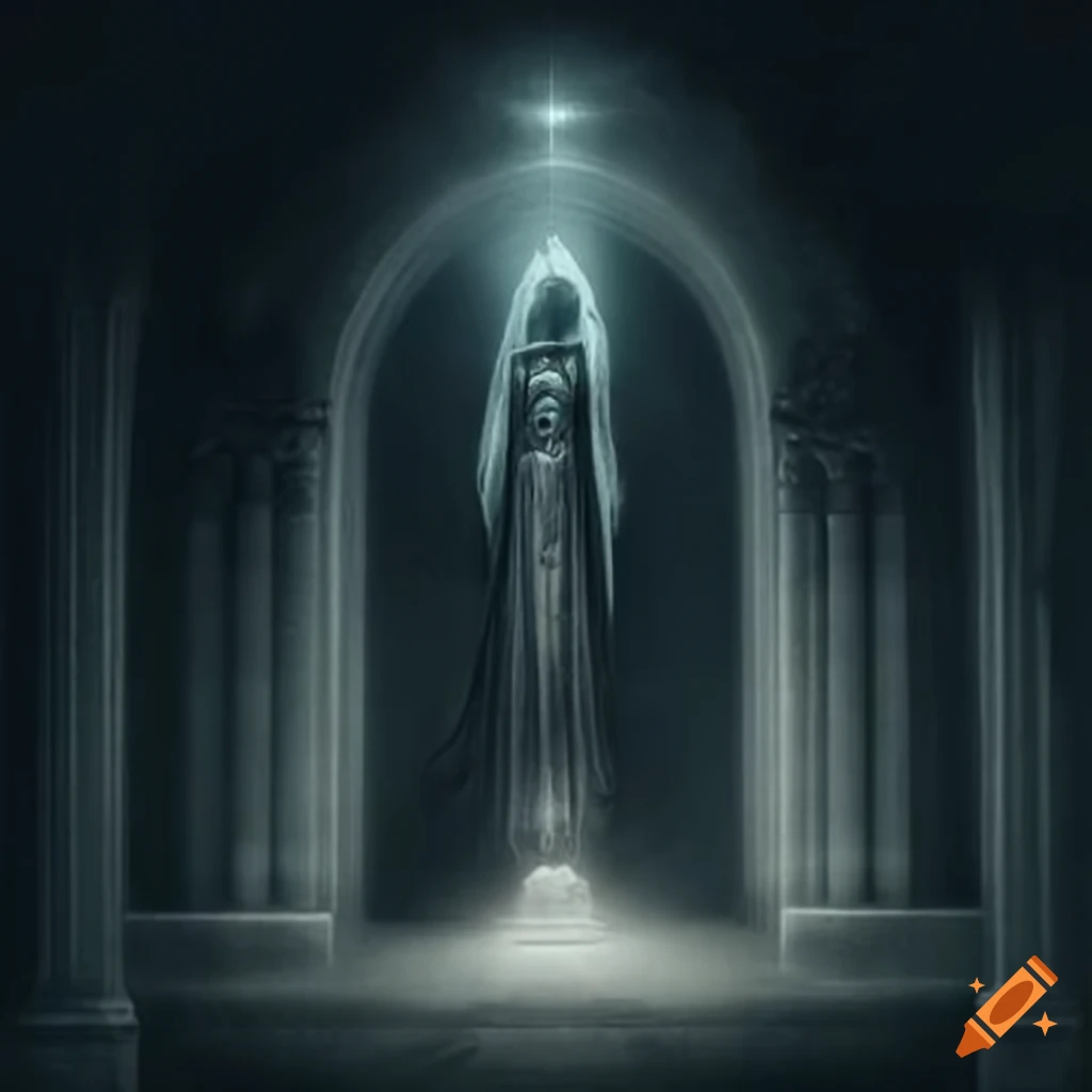 Ethereal image of ghostly luminous Virgin Mary in a traditional ...