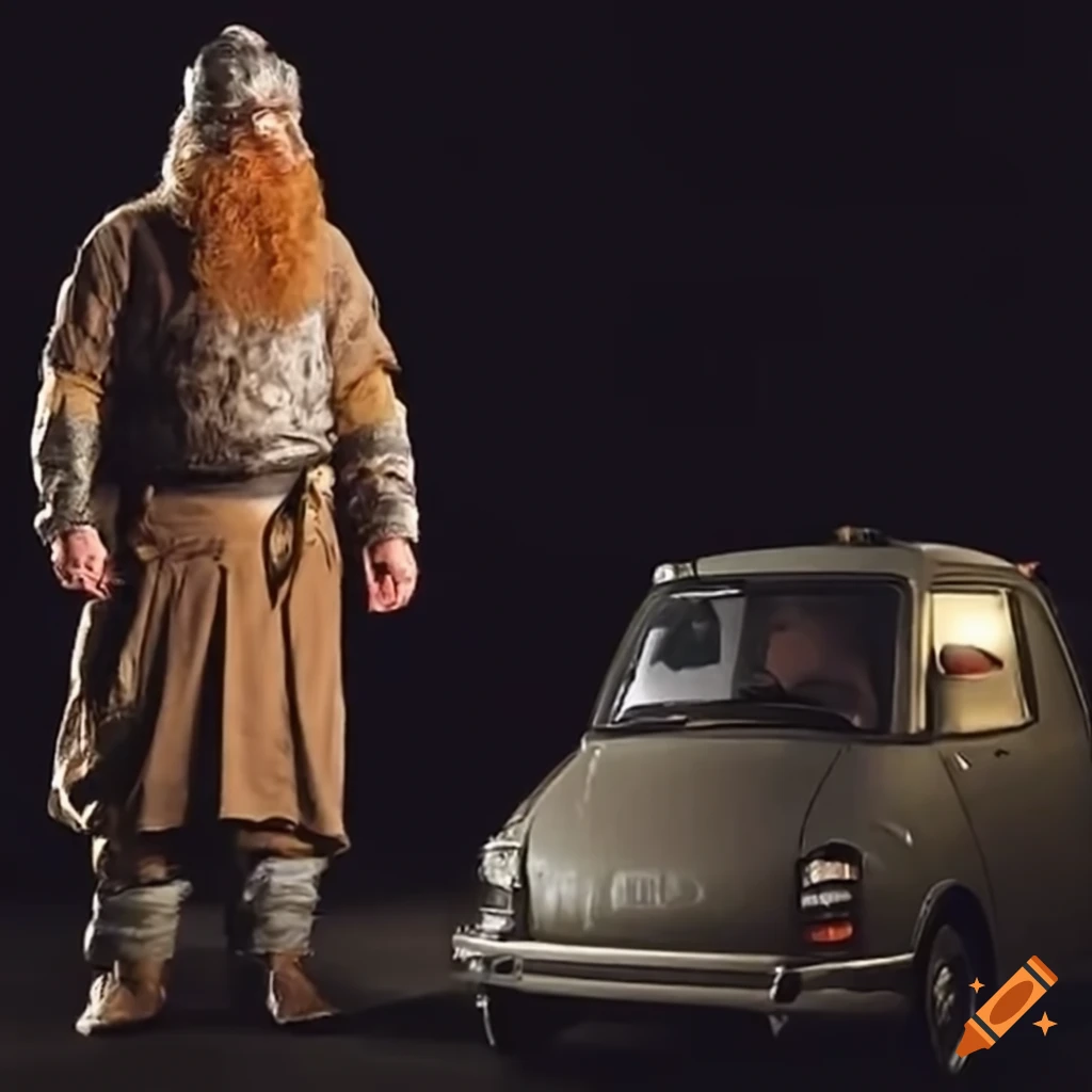 Gimli-like man driving a small car on Craiyon