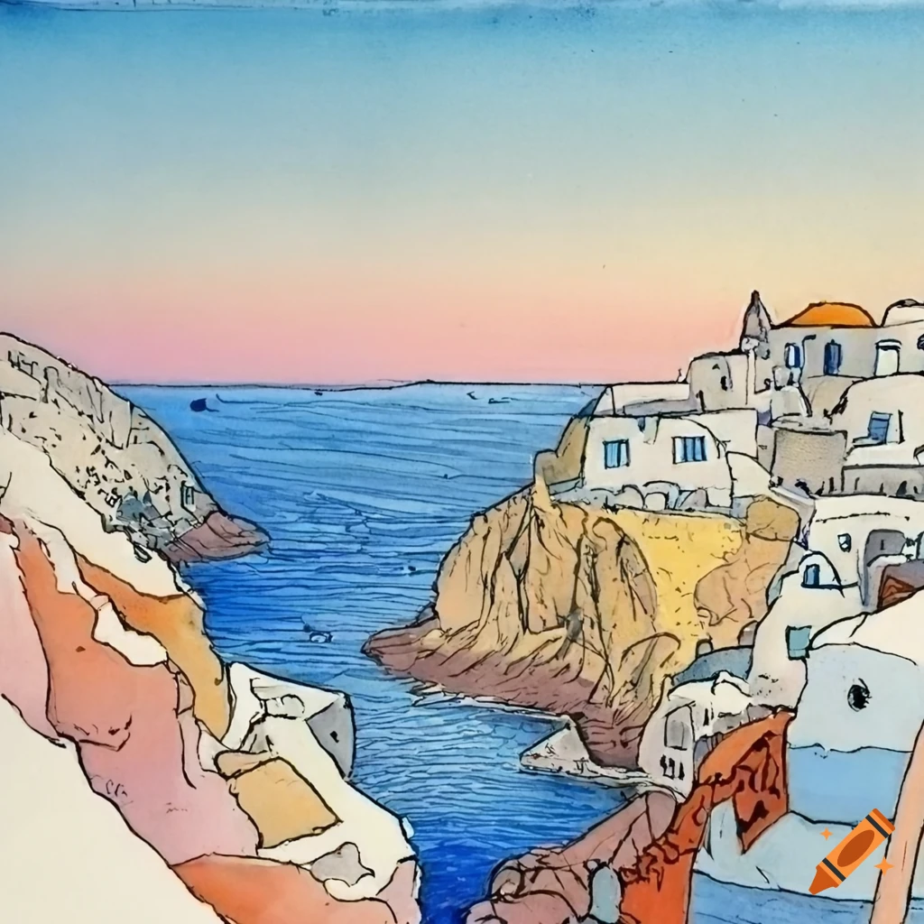 Picturesque view of santorini, greece in comic book art style on Craiyon