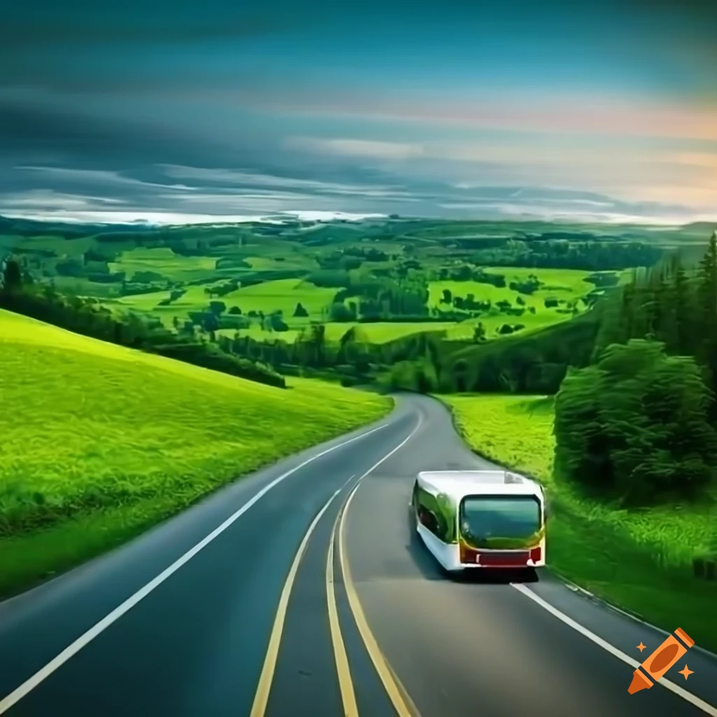 Bus driving through green landscape on Craiyon