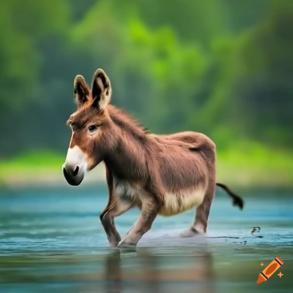 Playful and adventurous donkey cantering over a serene river on Craiyon