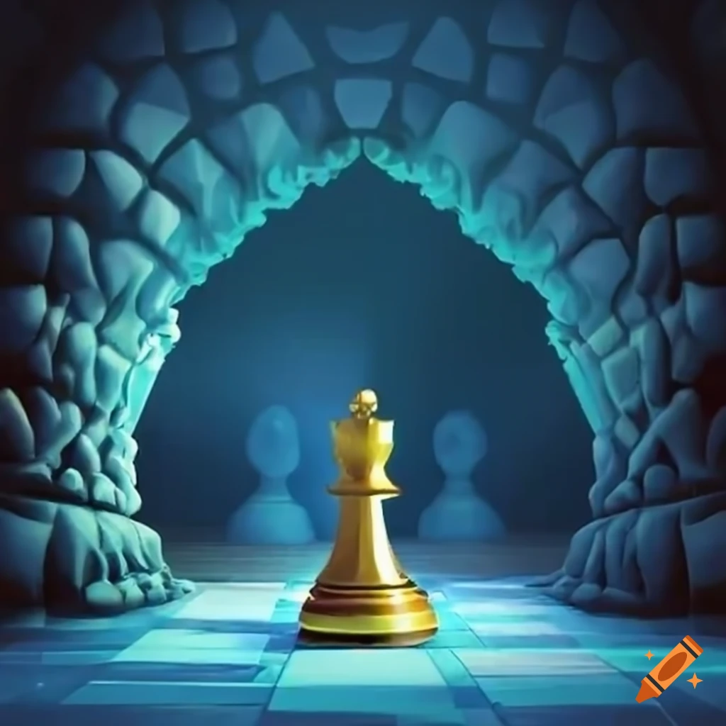 Animated cave entrance with a chess king on Craiyon