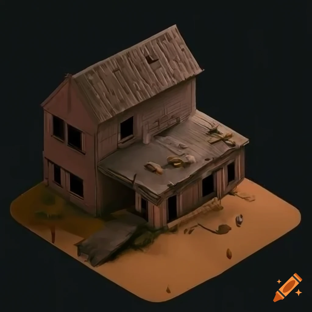 Isometric illustration of an abandoned house on Craiyon