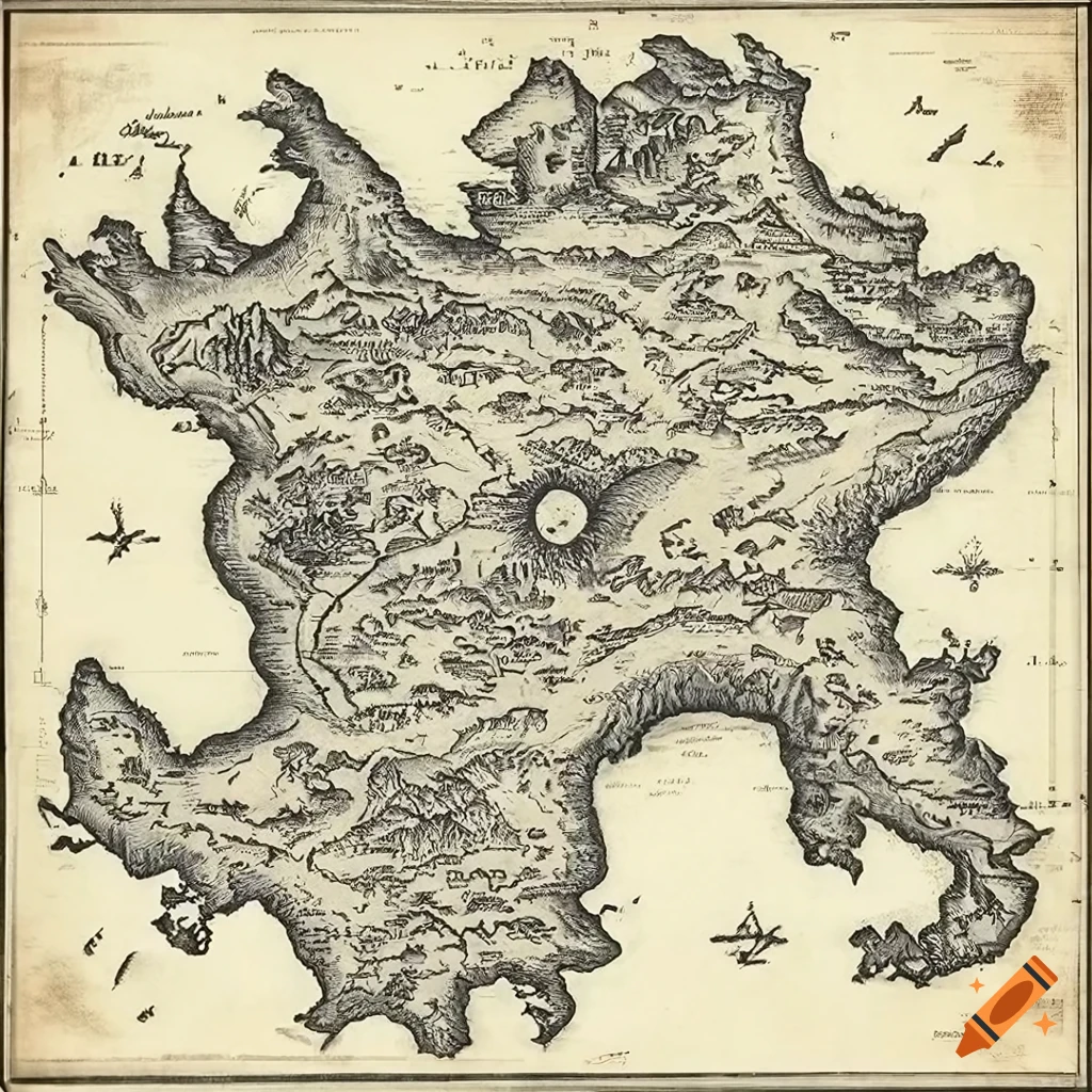 Vintage fantasy map with magical islands, wooded forest, and mountain ...