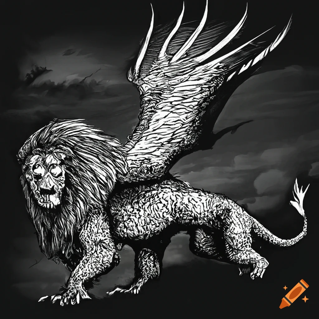 Majestic manticore flying in captivating black and white line art on ...