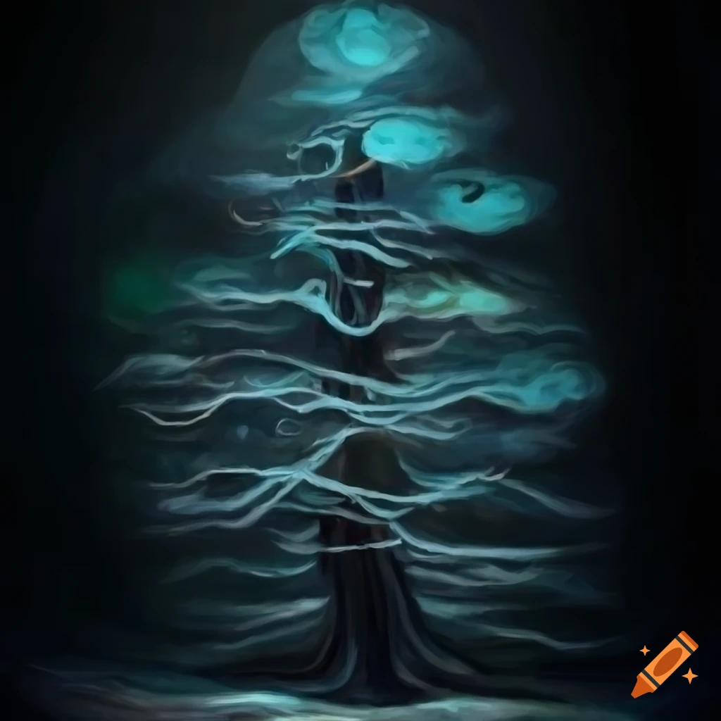 Memling painting of elemental tree with glass ornaments on strings on ...