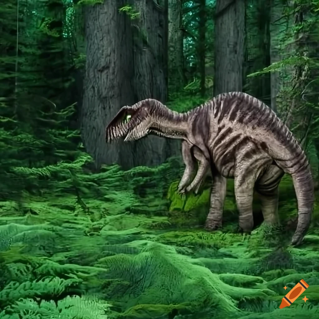 Intricately striped Hadrosaurus dinosaurs in a fern-covered field with ...