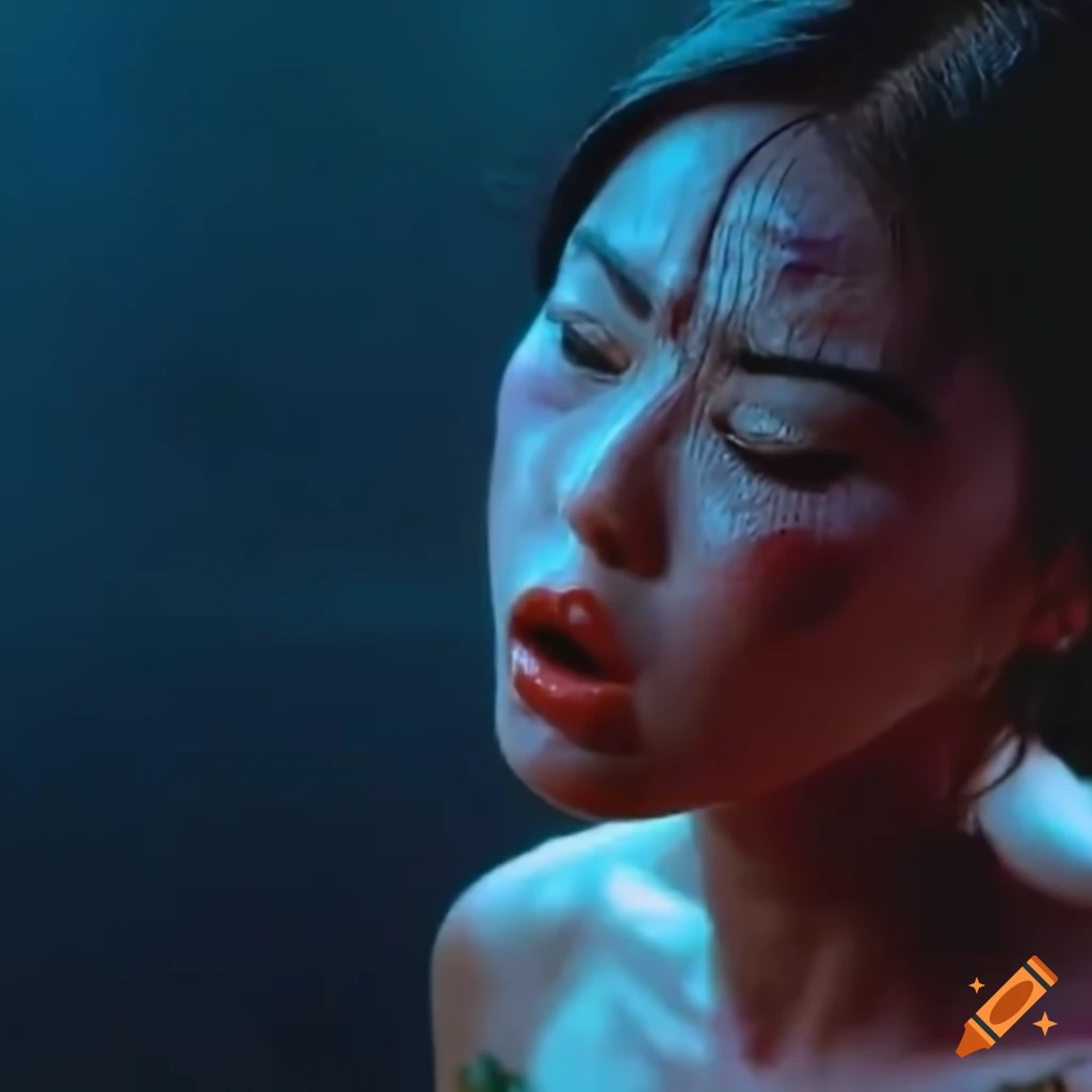 Asian Woman Martial Arts Fighter With Bruised Face In 90s Action Film