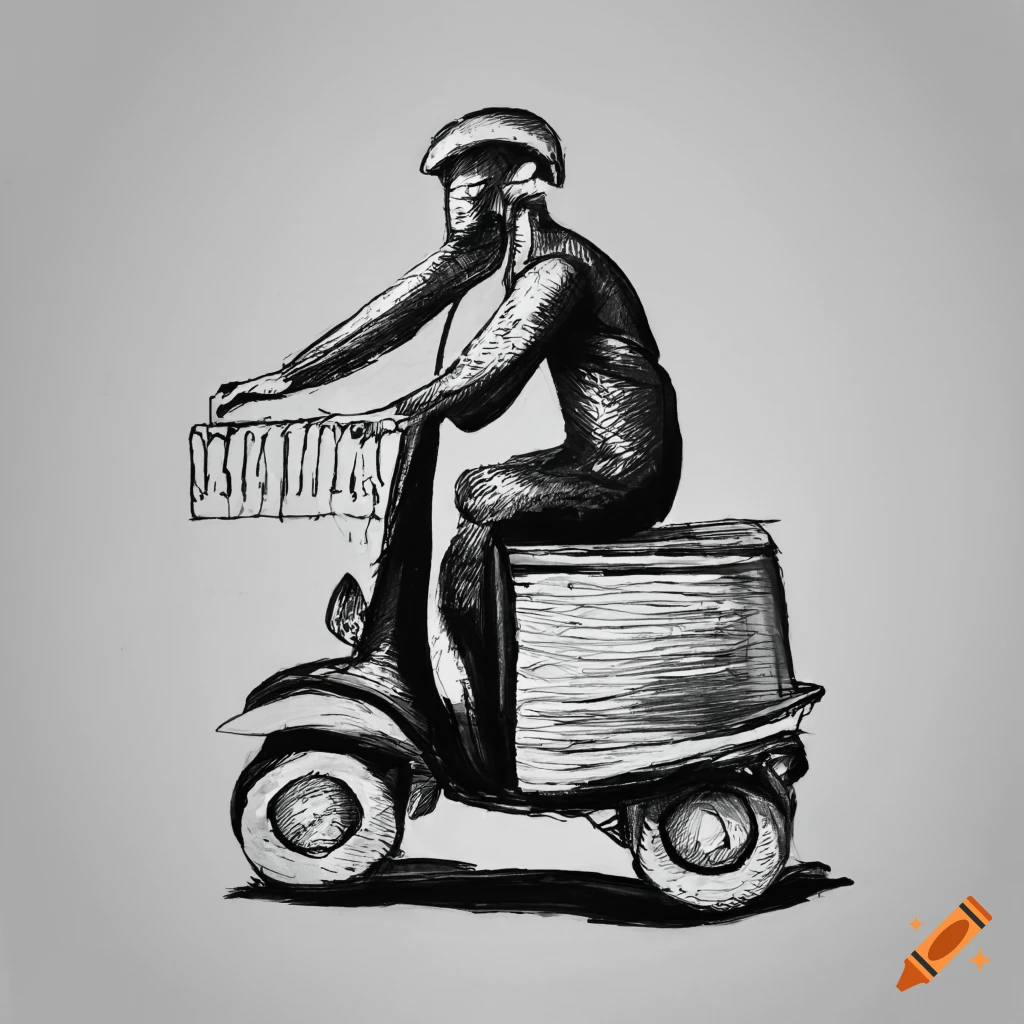 Pizza delivery on white background drawn with crayon in a comic style ...