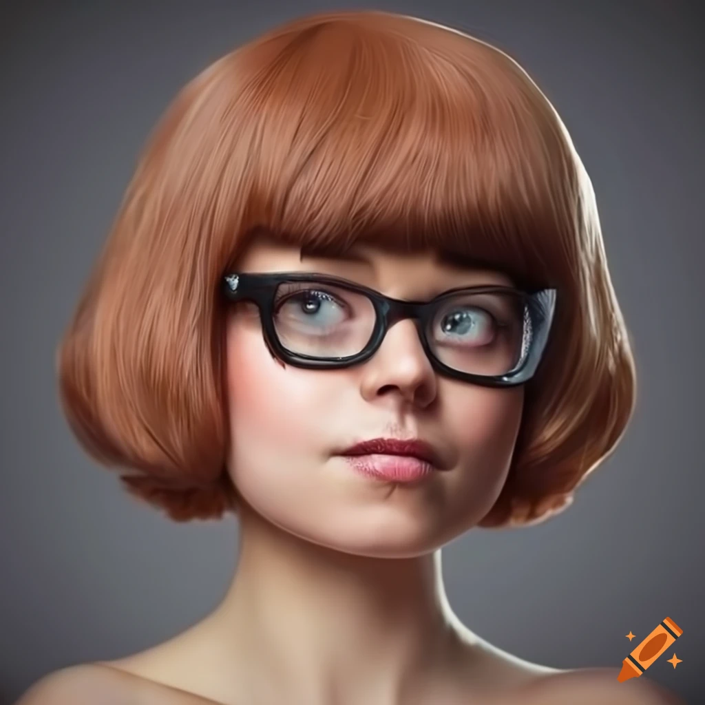 Cosplay of Velma Dinkley with freckles and brown bobbed hair on Craiyon