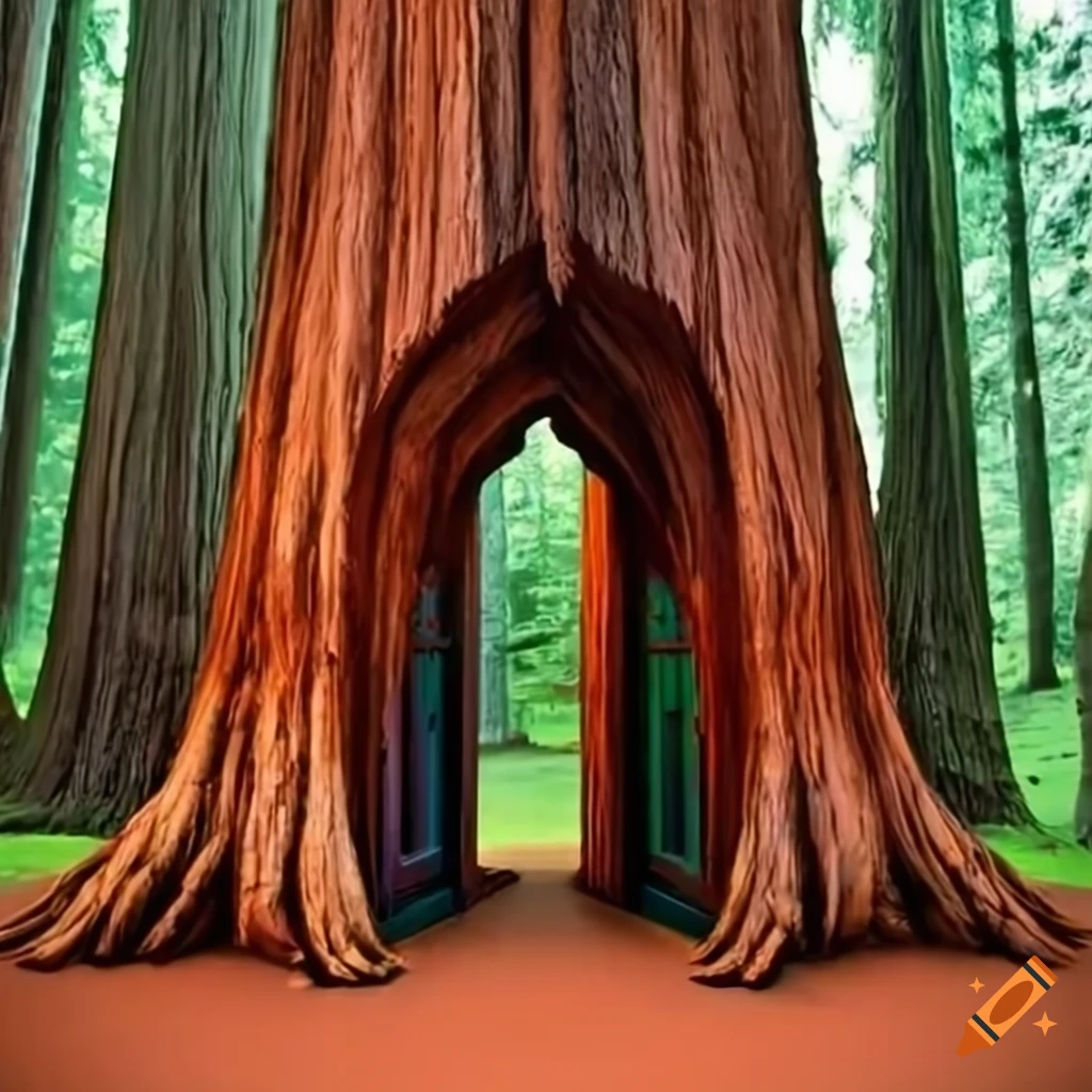 Majestic redwood tree with carved doors leading to a magical world on ...
