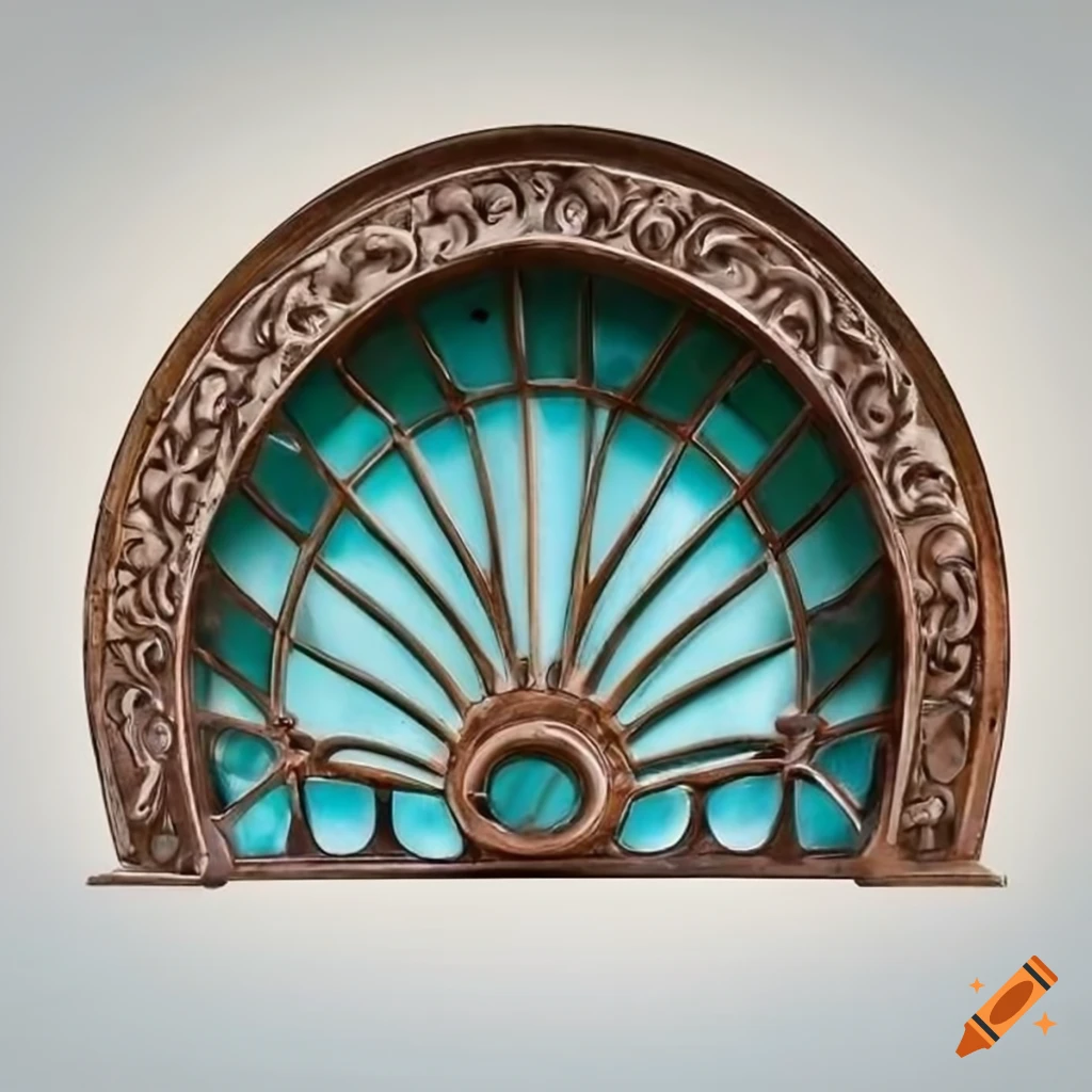 Art deco semicircle window with detailed iron and warped glass panes on ...