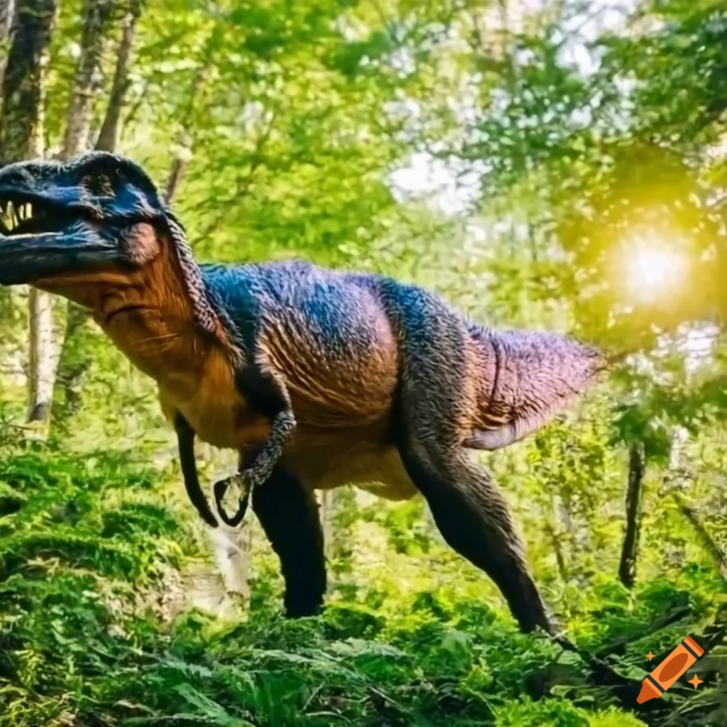 Feathered t-rex with wolf color pattern in a british columbia forest ...