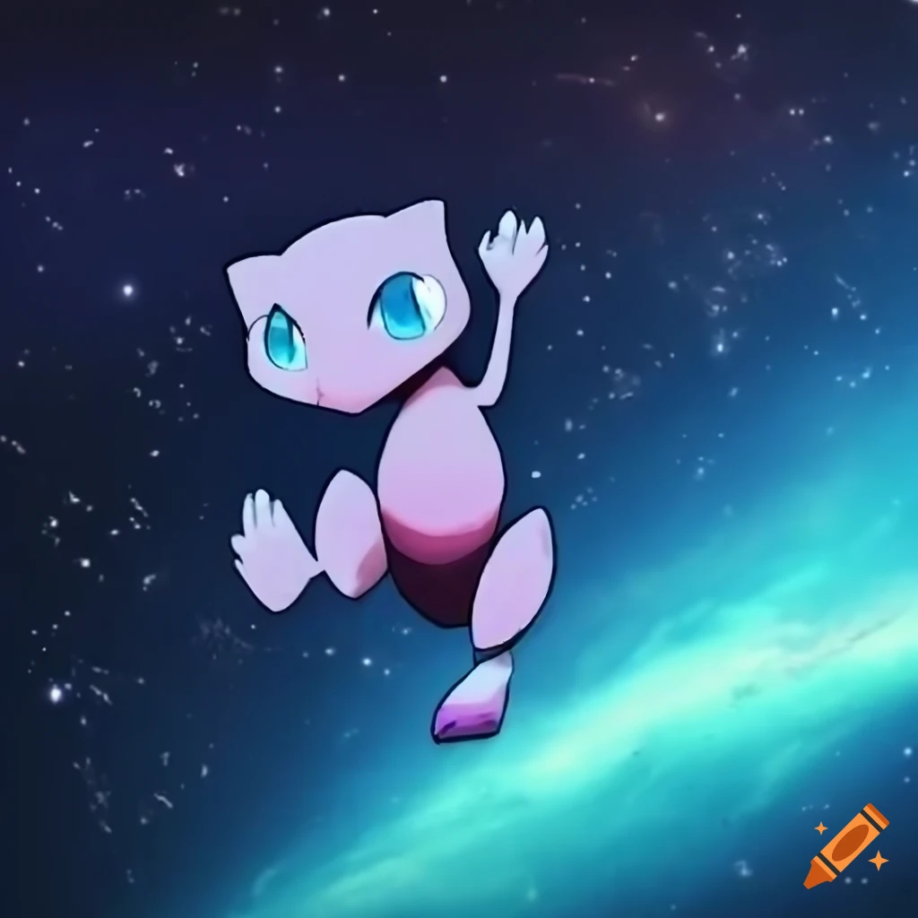 Mew (pokémon) flying in space on Craiyon