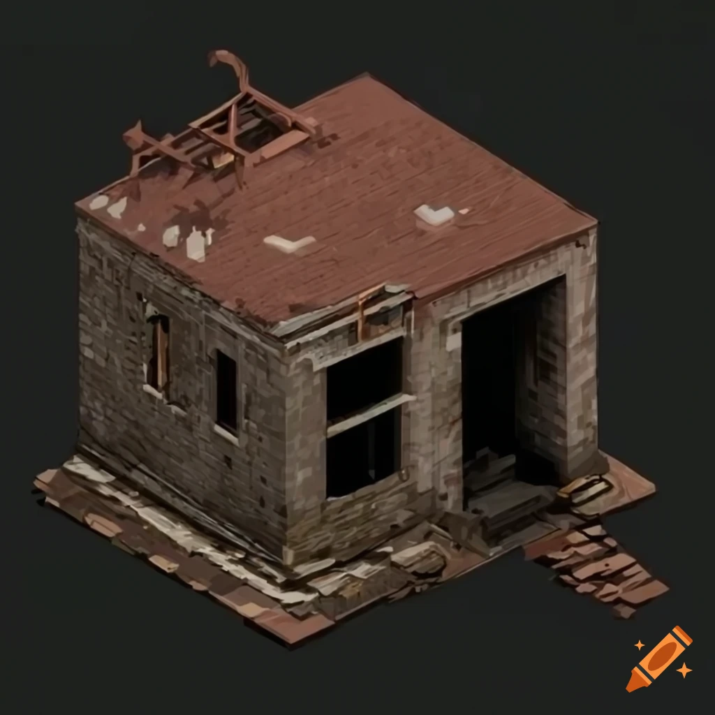 Isometric view of an abandoned house on Craiyon