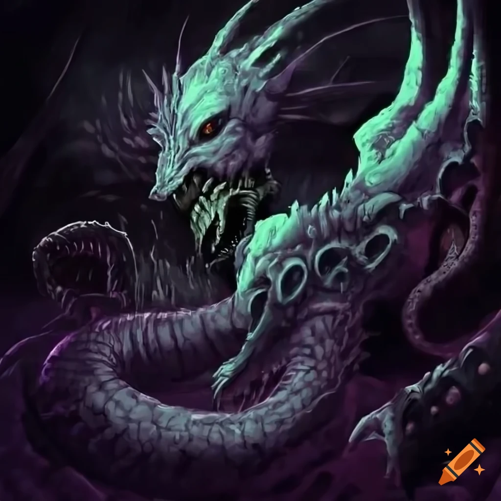 Chaotic Lovecraftian dragon-worm hybrid with black eyes and tentacles ...
