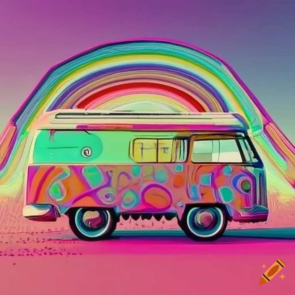 Psychedelic campervan with vibrant kaleidoscope of colors on Craiyon