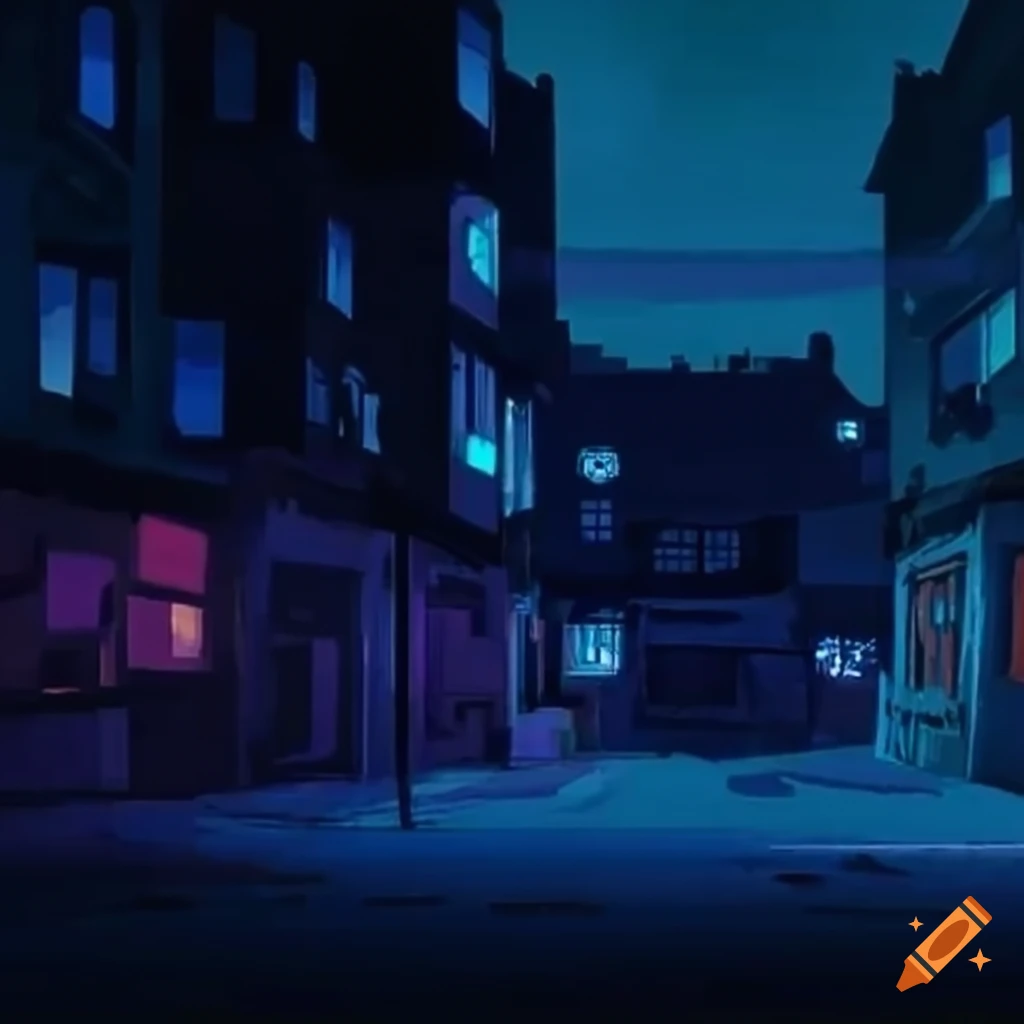 Neighborhood with old buildings and poorly lit streets on Craiyon