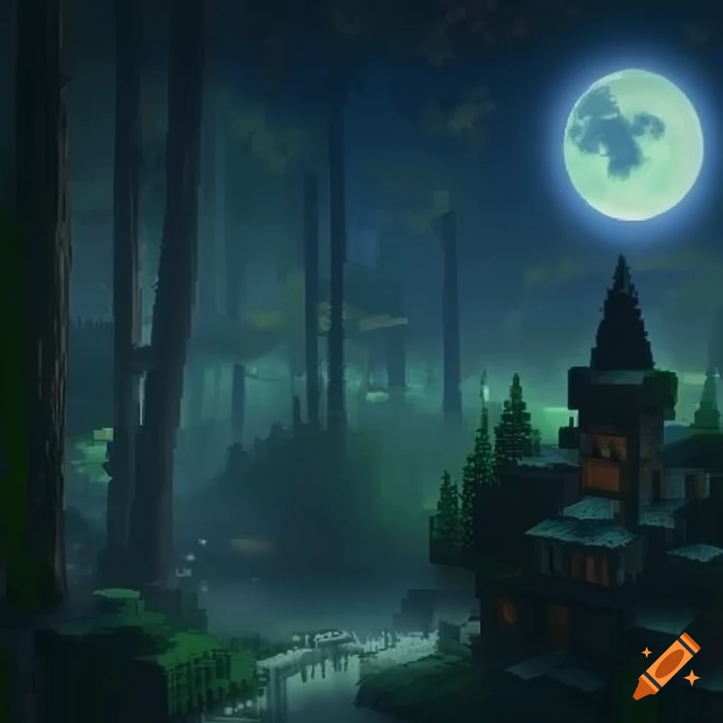 Spooky minecraft forest at night with bats and a green moon, thomas ...