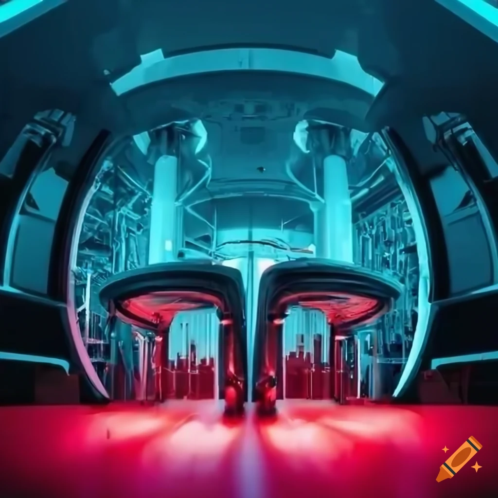 Wide-angle view of a futuristic cloning lab with red tint on Craiyon