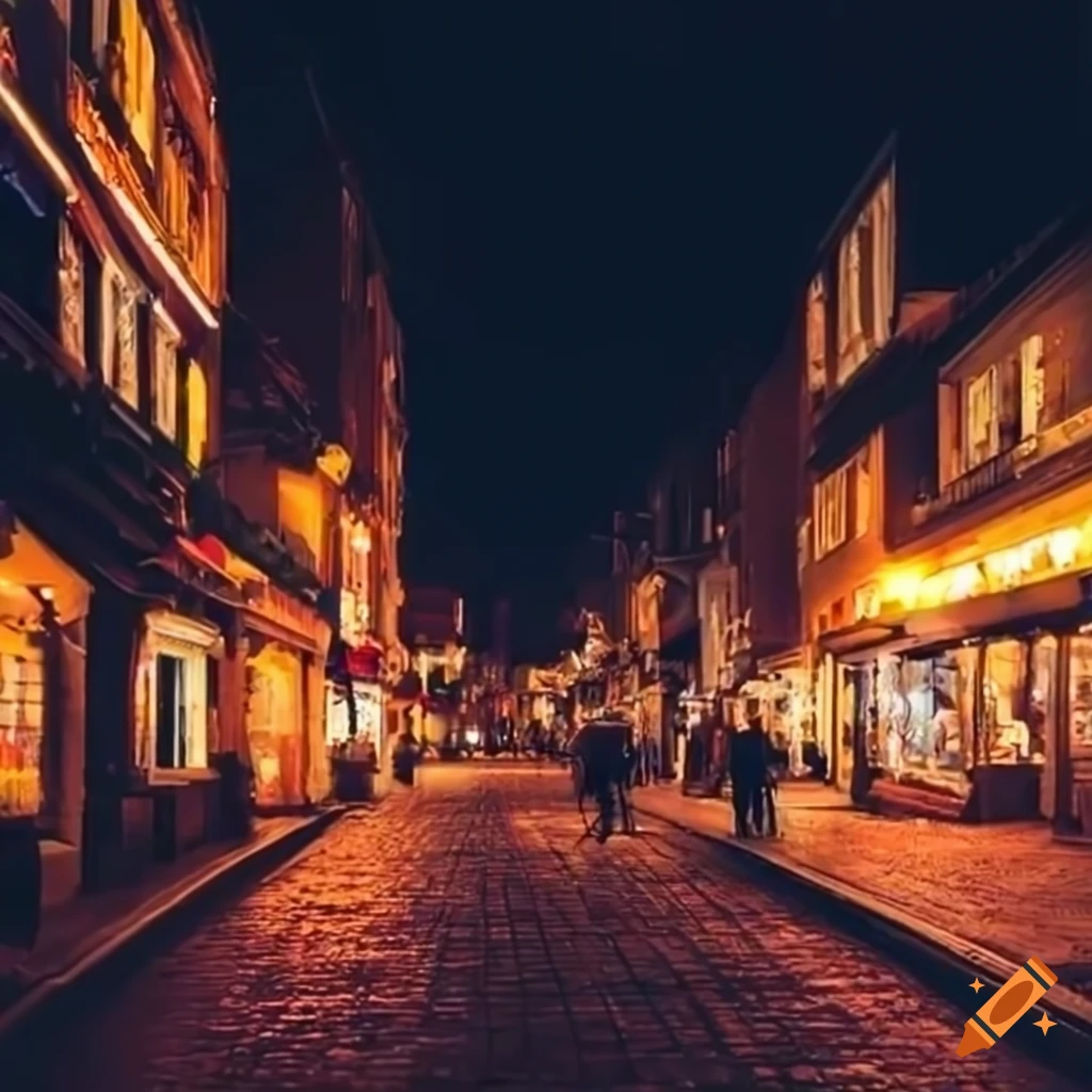 Illuminated rural shopping street at night on Craiyon