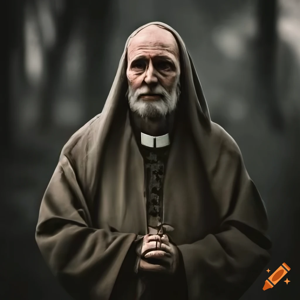 Portrait of a stern-looking priest in a moonlit cemetery on Craiyon