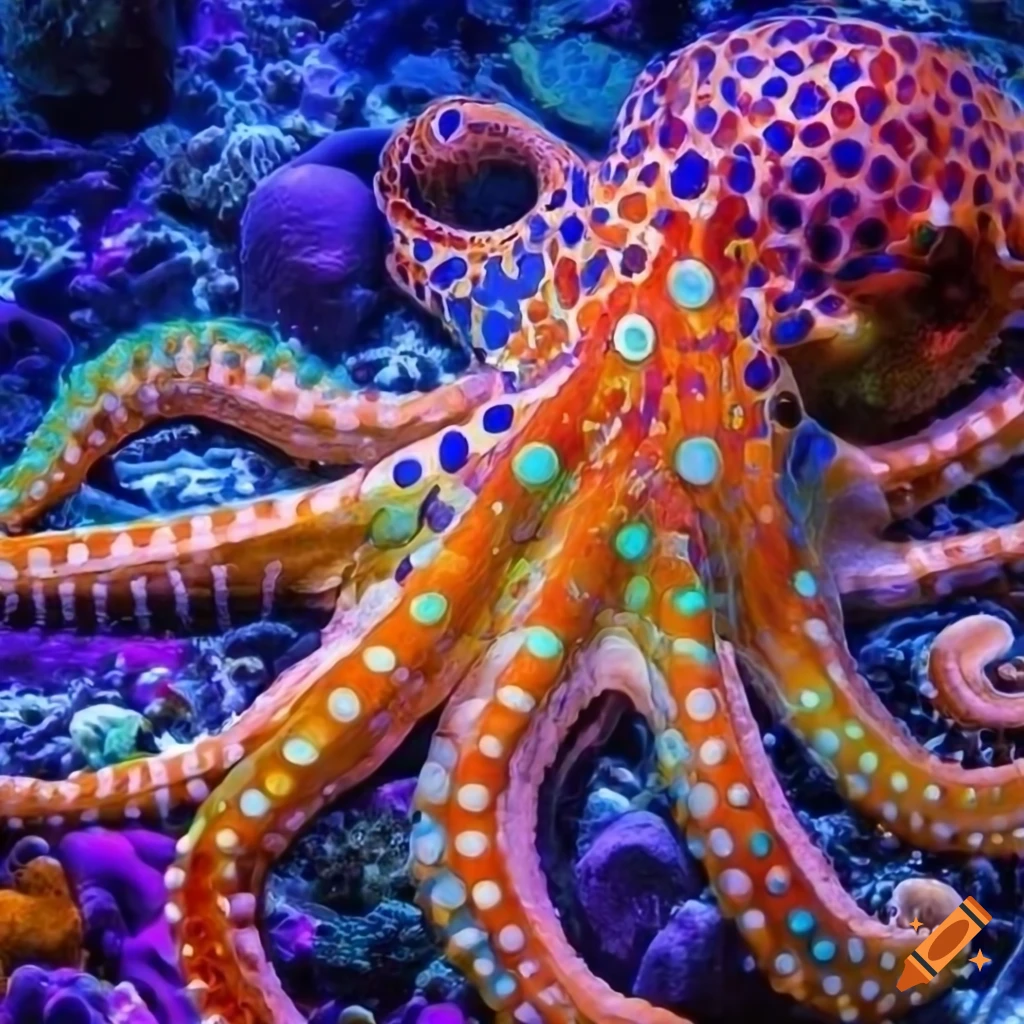 Colorful mosaic octopus in underwater coral reef on Craiyon