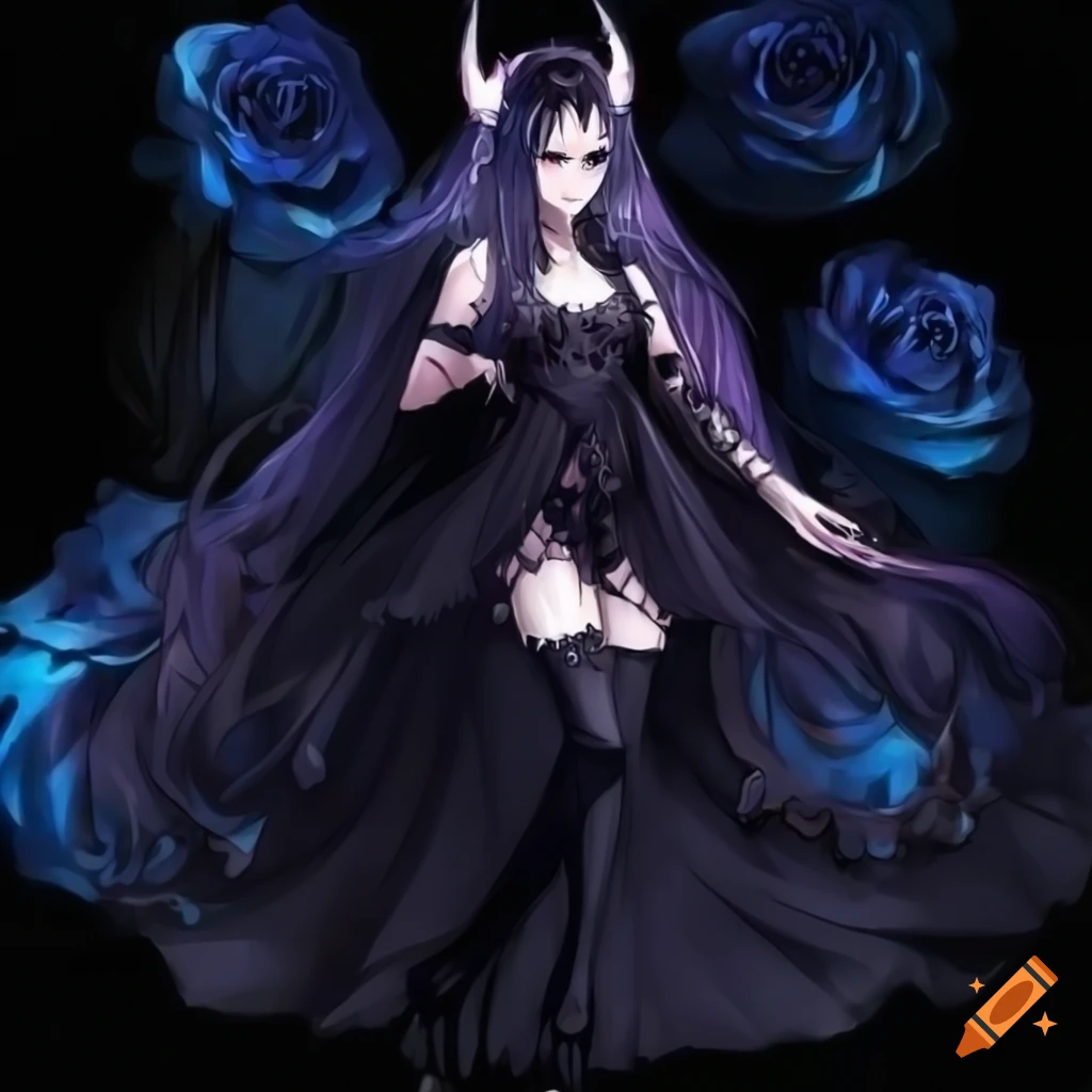 Anime girl vampire with long hair, blue eyes, and black demon horns on ...