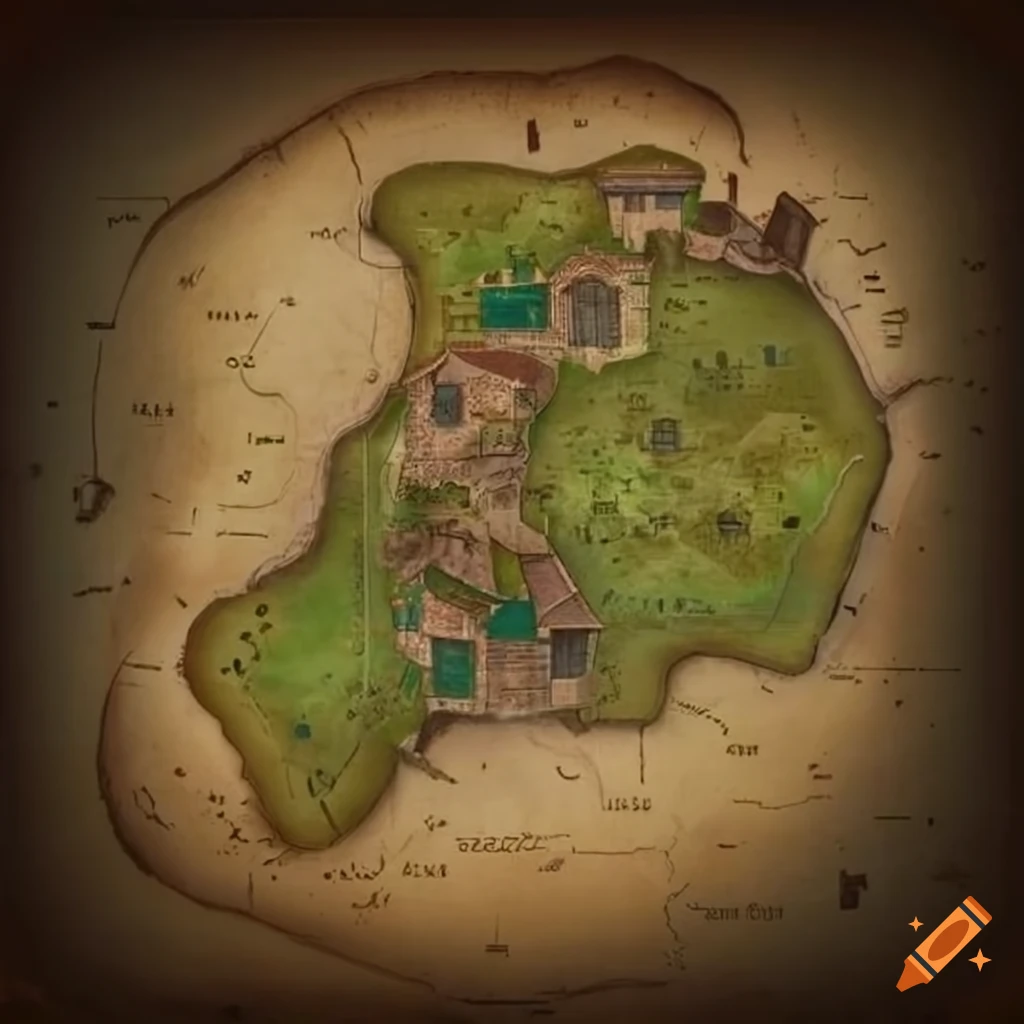 Map of a medieval village with a large surrounding field on Craiyon