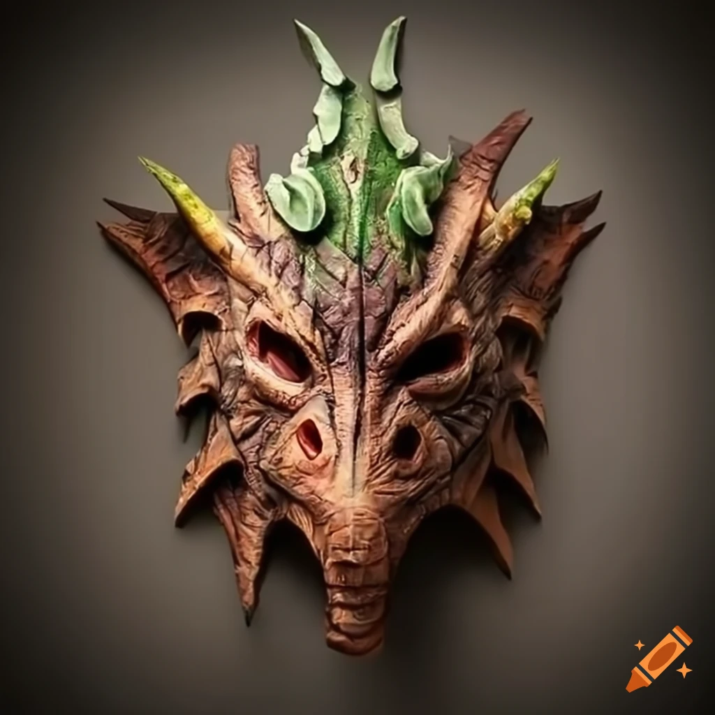 Dragon mask made of bark and plants inspired by dungeons and dragons on ...