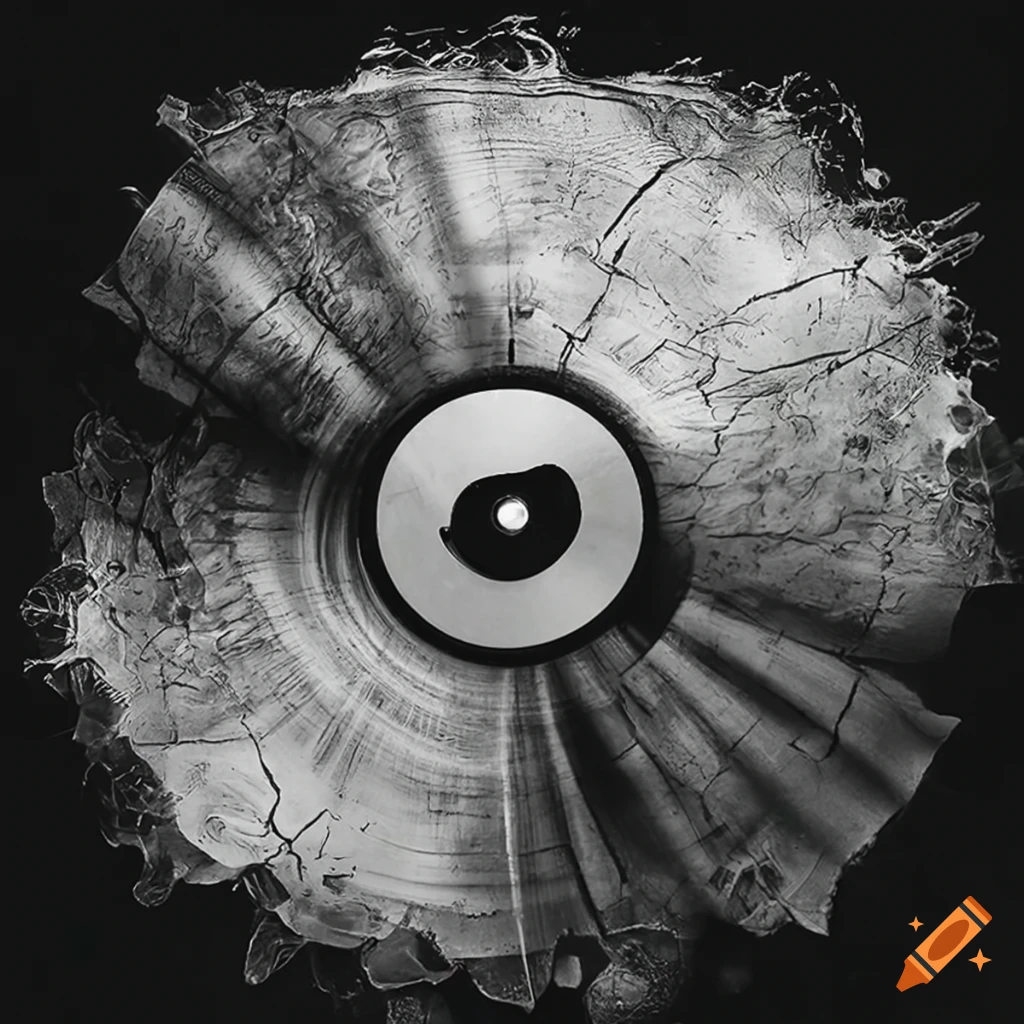 Exploding vinyl record with cracks and text 'vinyl junkie' on Craiyon