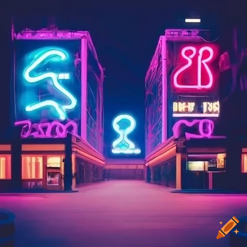 Oversized neon sign in front of a deserted shopping mall at night with ...