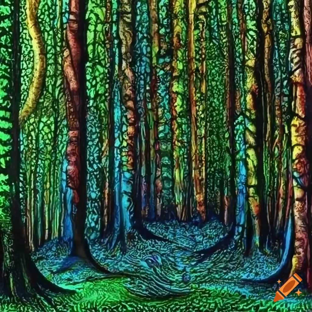 Detailed psychedelic view of a forest on Craiyon