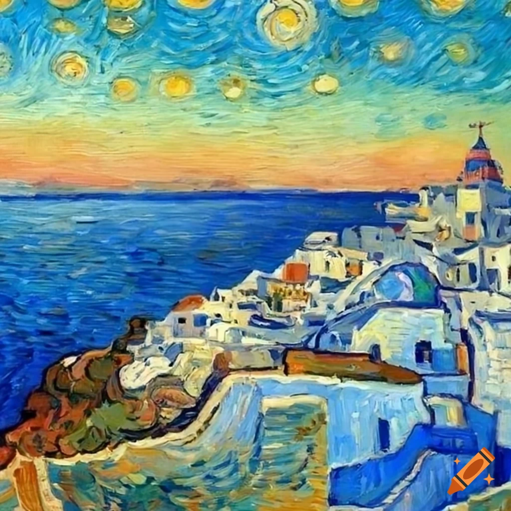 Picturesque view of santorini, greece in a post-impressionist oil ...