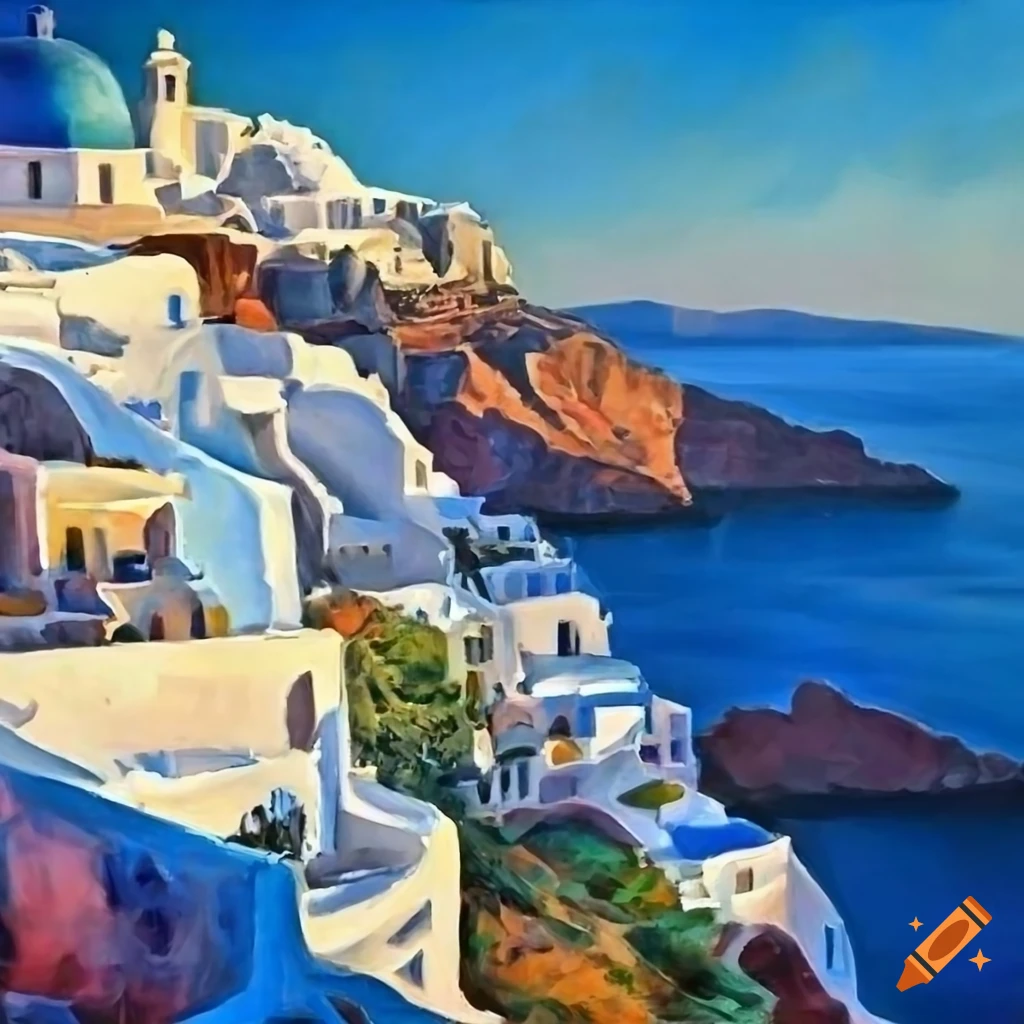 Picturesque view of Santorini, Greece in magical realism style on Craiyon