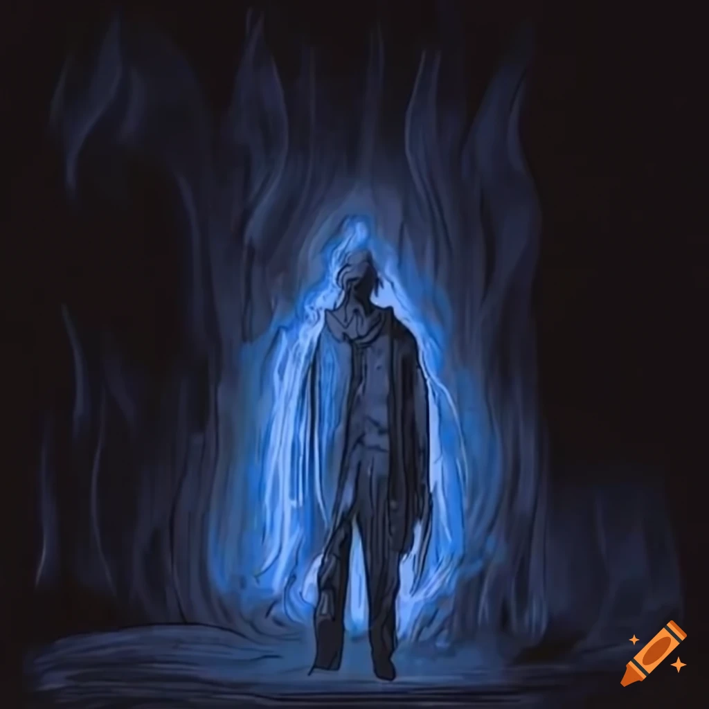 Man in long flowing jacket standing in dark room with blue fire, gege ...