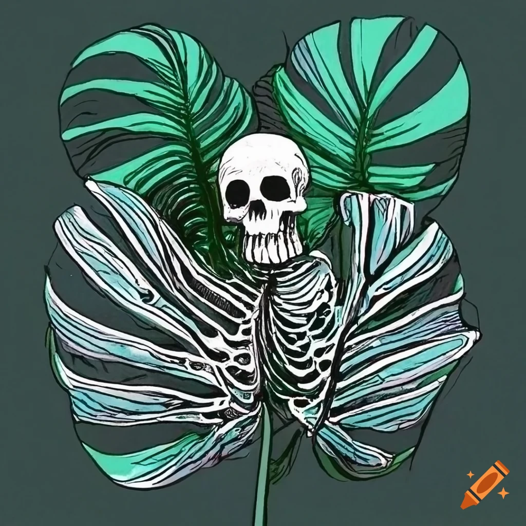 Intricate ink sketch of a spooky skeleton in lush monstera foliage on ...