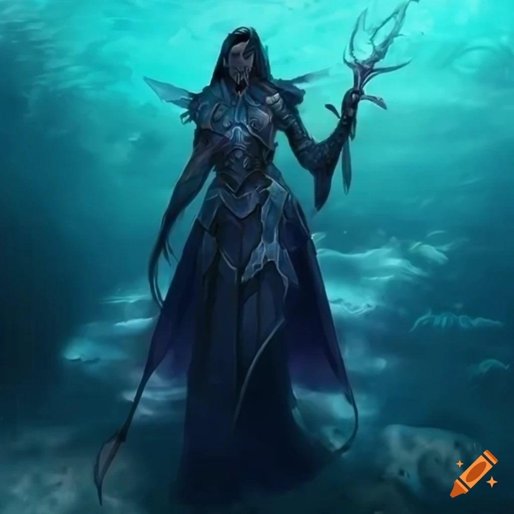 Ethereal ruler in fantasy armor with a spear in a shimmering underwater ...