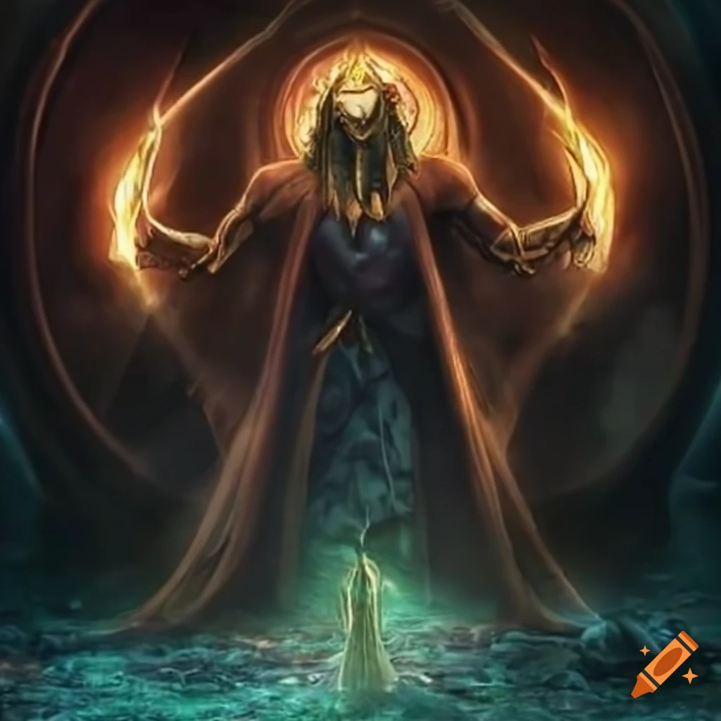 Legendary egyptian god emerging from a dark magic portal on Craiyon