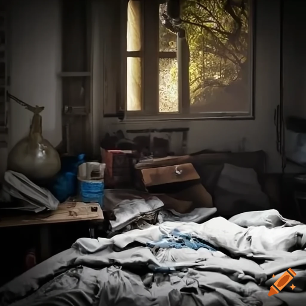 Cluttered and dimly lit bedroom with a window on Craiyon