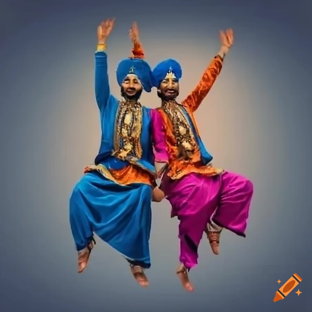 Two bhangra dancers sitting on an elevated platform holding hands on ...