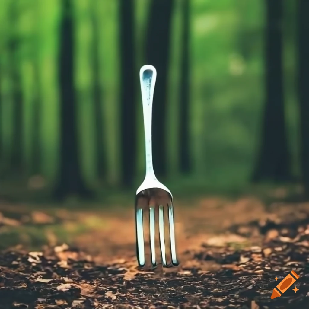 Fork stuck in the road in a forest on Craiyon