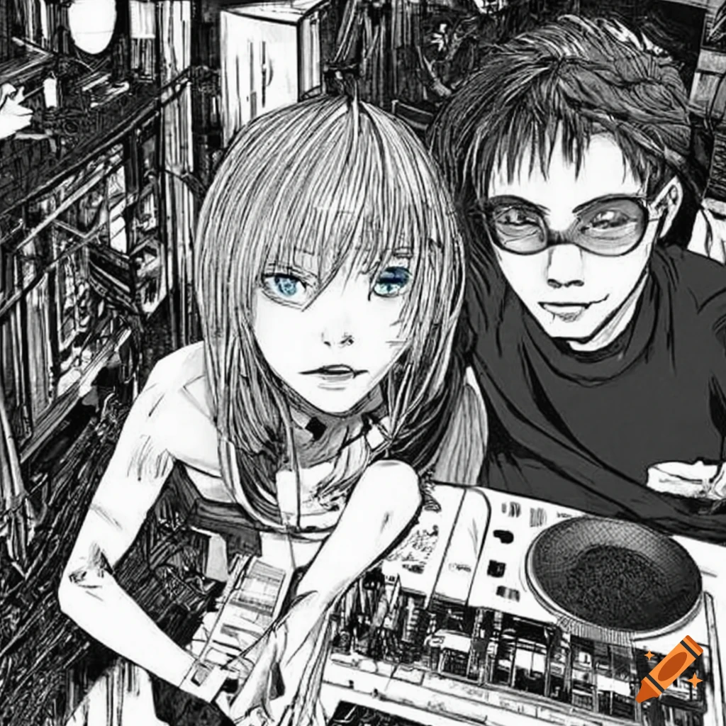 Manga noir depiction of a techno dj on Craiyon