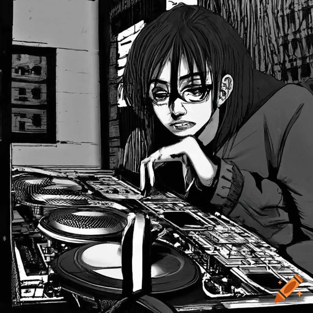 Manga noir depiction of a techno dj on Craiyon