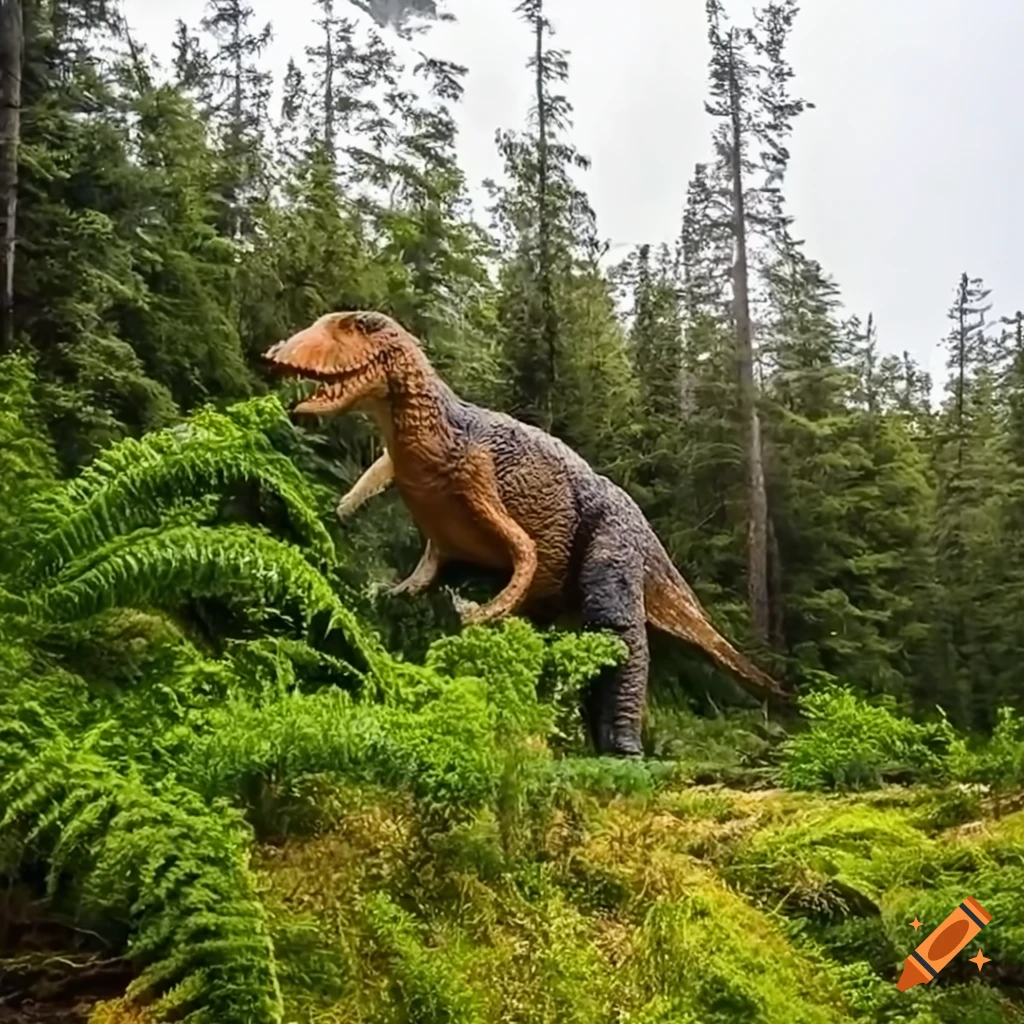 Feathered t-rex with wolf color pattern in a british columbia forest ...