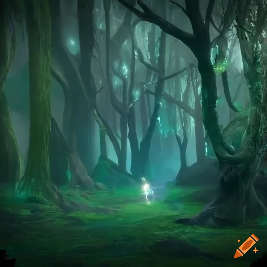 Enchanted forest within the mystic wilds featuring faelan whisperleaf and mystical creatures on ...