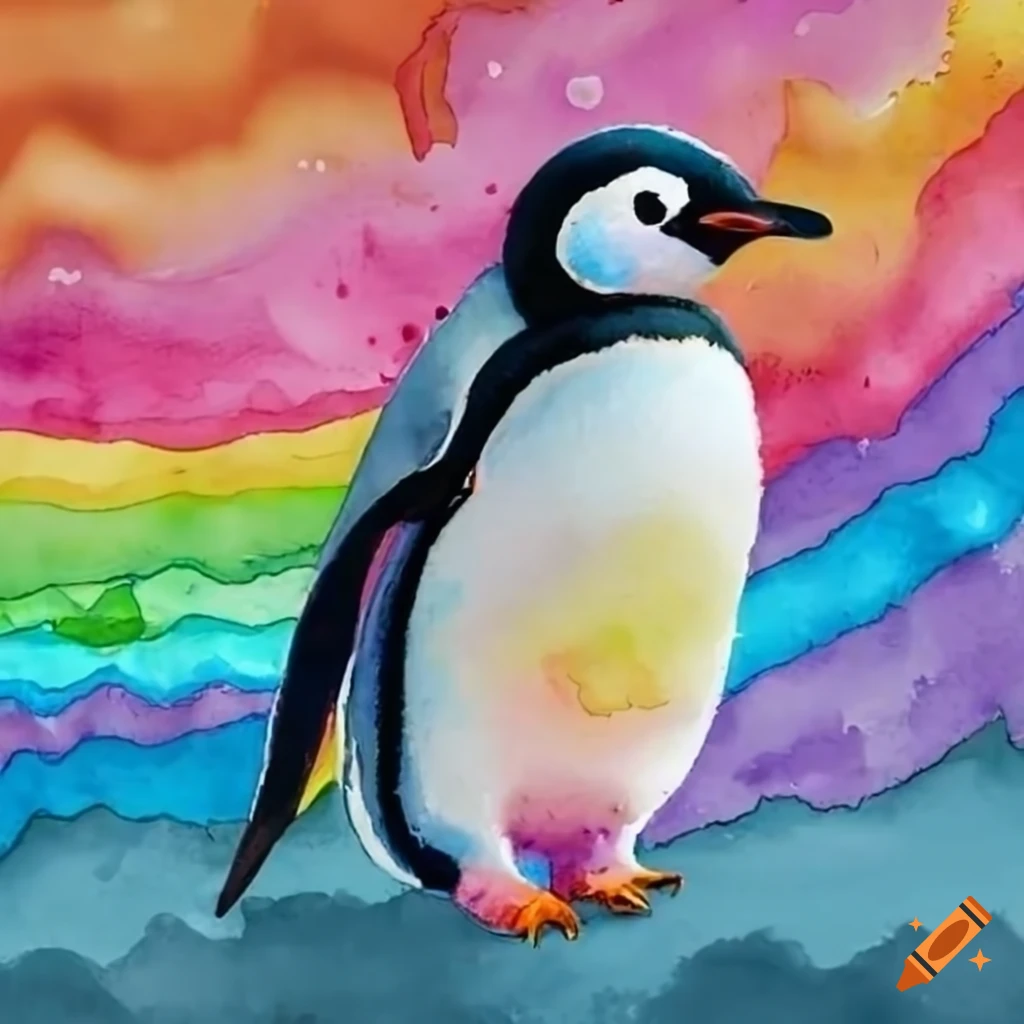 Cute penguin with rainbow watercolor spotted backdrop on Craiyon