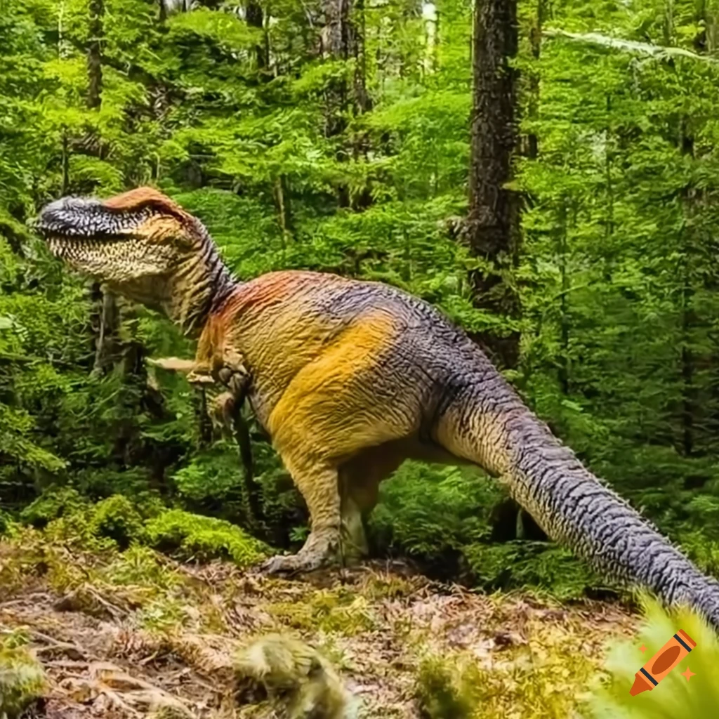 Feathered t-rex with fox color pattern in British Columbia forest on ...