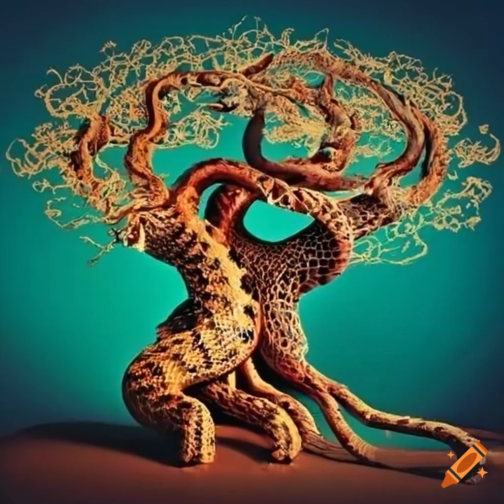Artistic depiction of a tree made of snakes on Craiyon